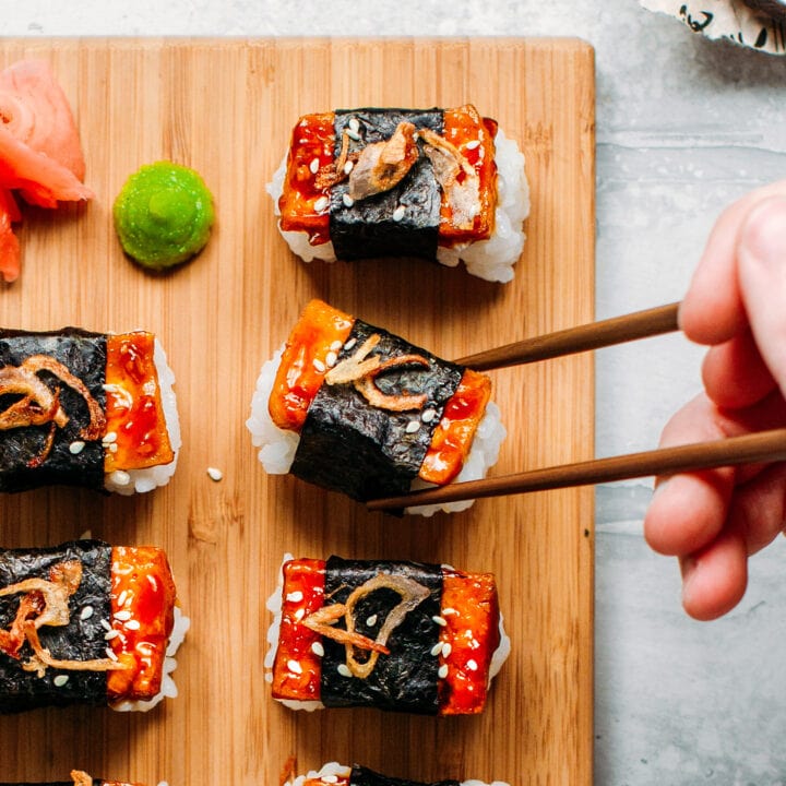 Teriyaki Tofu Nigiri with Crispy Shallots - Full of Plants