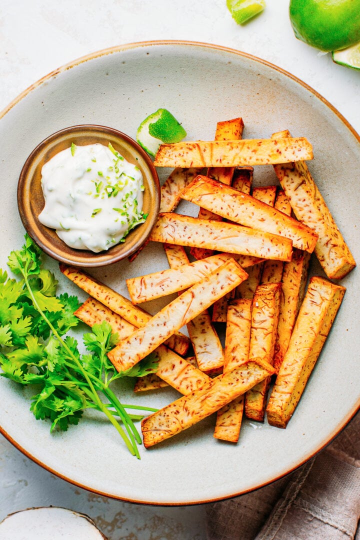 Taro Fries with Cilantro Mayo - Full of Plants